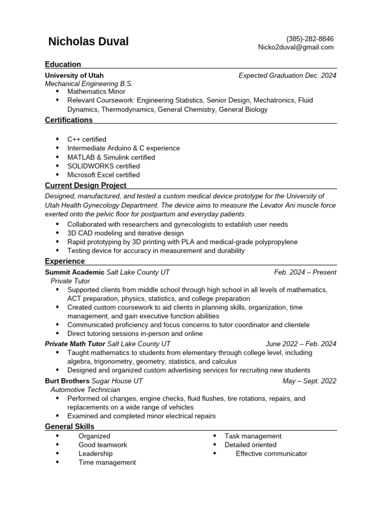 Nicholas Duval Resume | PDF | Mathematics | Mechanical Engineering