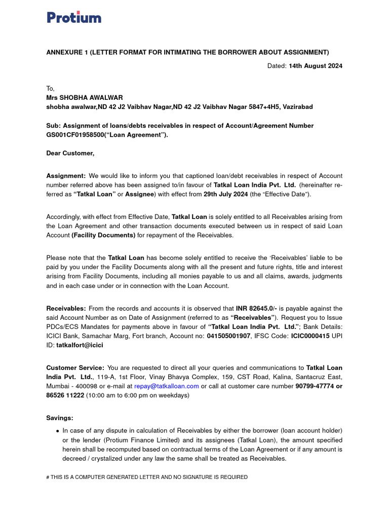 Loan Assignment Notification | PDF | Loans | Debt