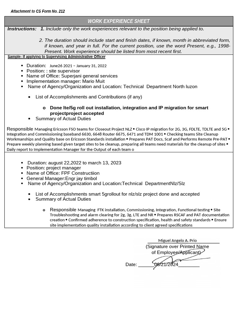 CS Form No. 212 Attachment - Work Experience Sheet | PDF | Computing ...