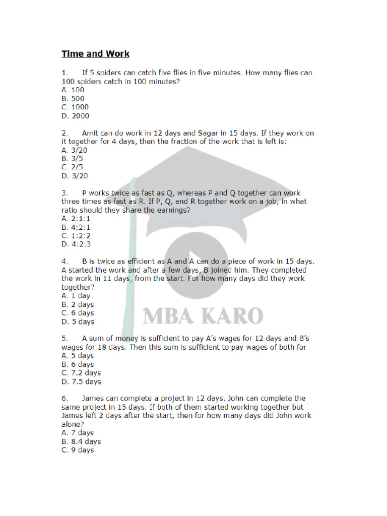 Time and Work Practice Sheet | PDF