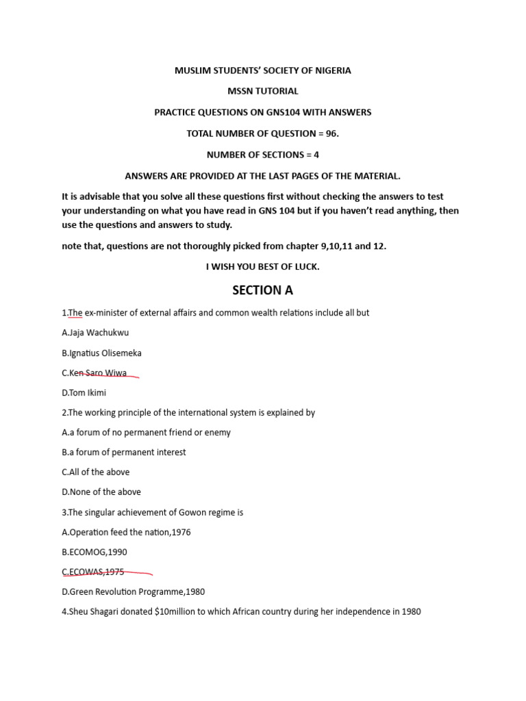 GNS104 Practice Questions (MSSN Tutorial) | PDF | Nigeria