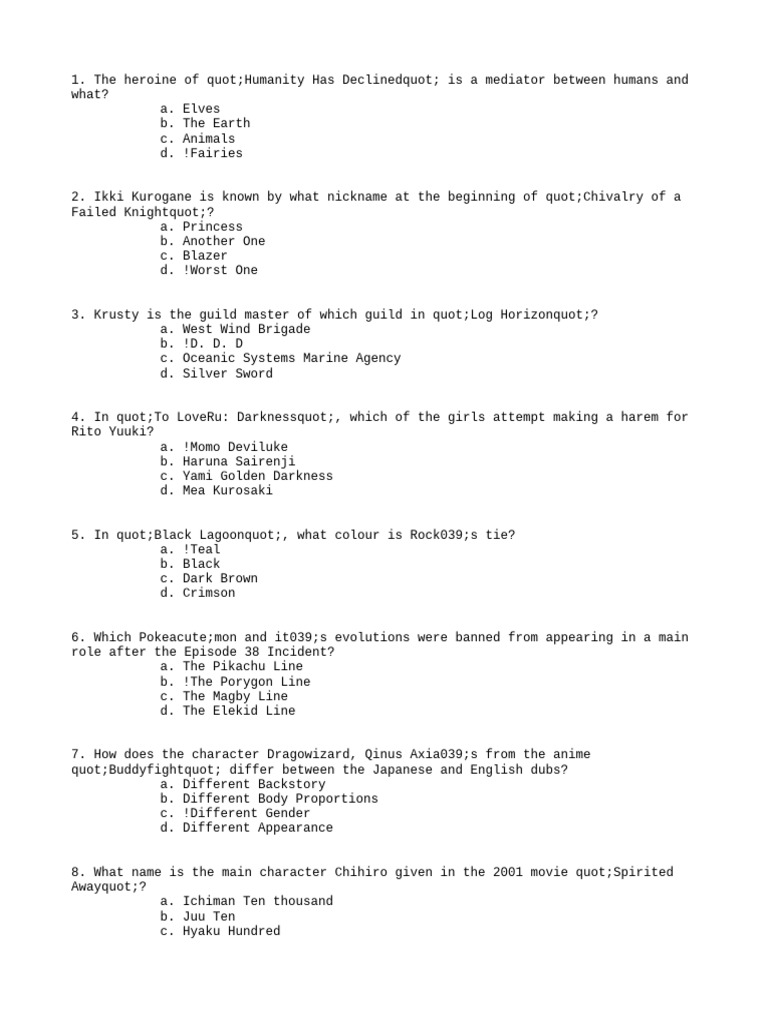 Anime and Trivia Quiz | PDF | History | General Fiction