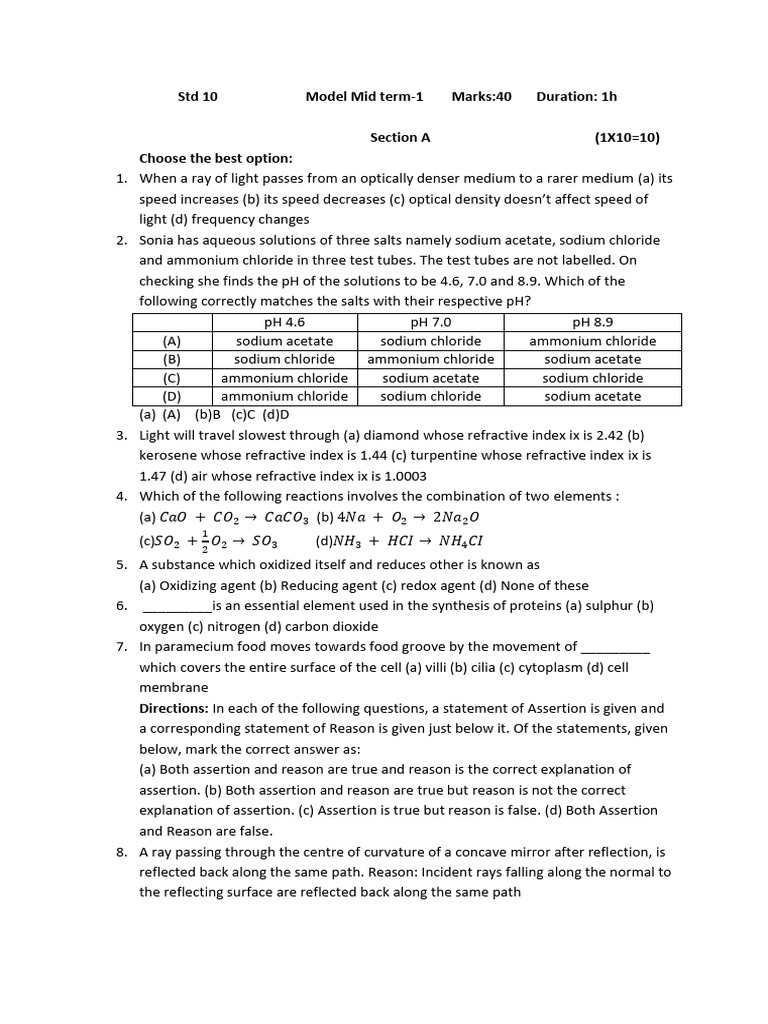 10th Model Mid Term 1 24 25 Code 1 | PDF | Refractive Index | Ecosystem