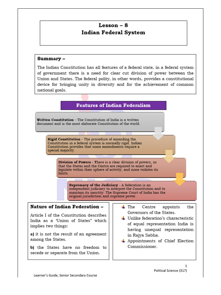 Indian Federal System Lesson - 8 Indian Federal System: Summary | PDF ...