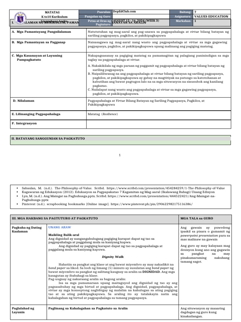 DLL Matatag - Values Education 7 Q1 W3 | PDF DLL Matatag - Values Education 7 Q1 W3 | PDF