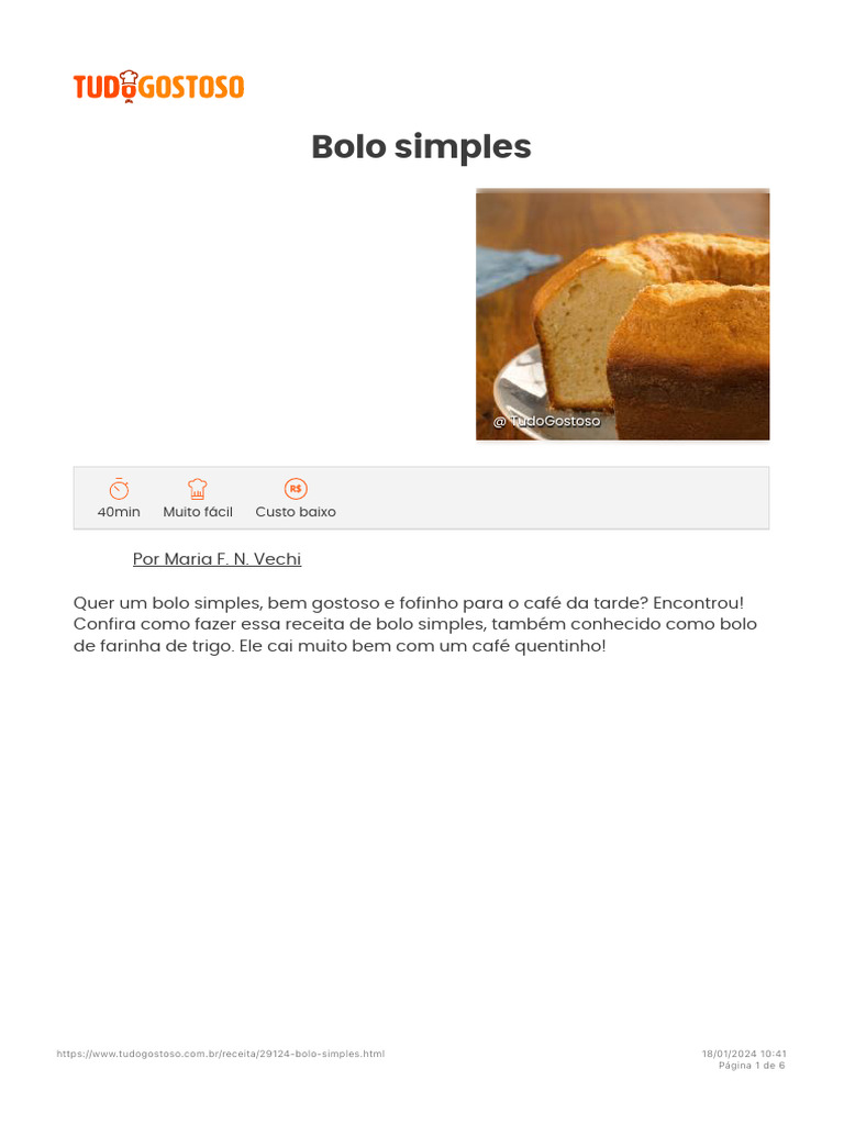 Receita de Bolo Simples e Fofo - TudoGostoso | PDF | Bolos | Chá