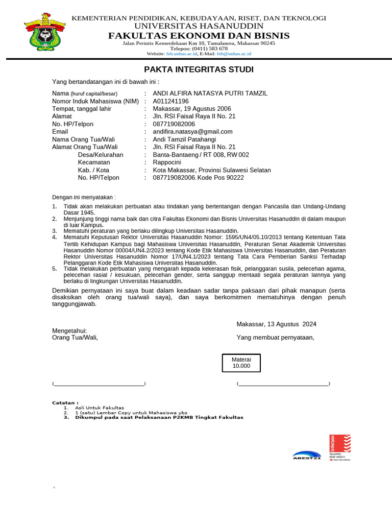 Pakta Integritas Studi Mahasiswa Feb-Uh | PDF
