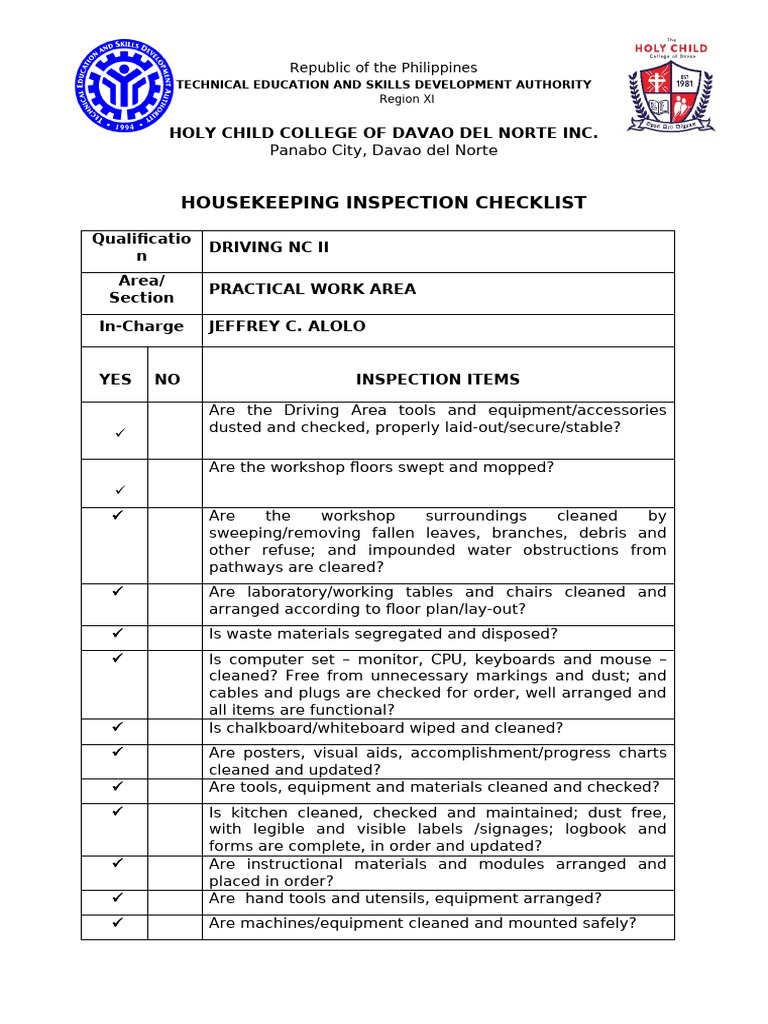 Housekeeping Schedule Checklist Sir Alolo | PDF | Housekeeping