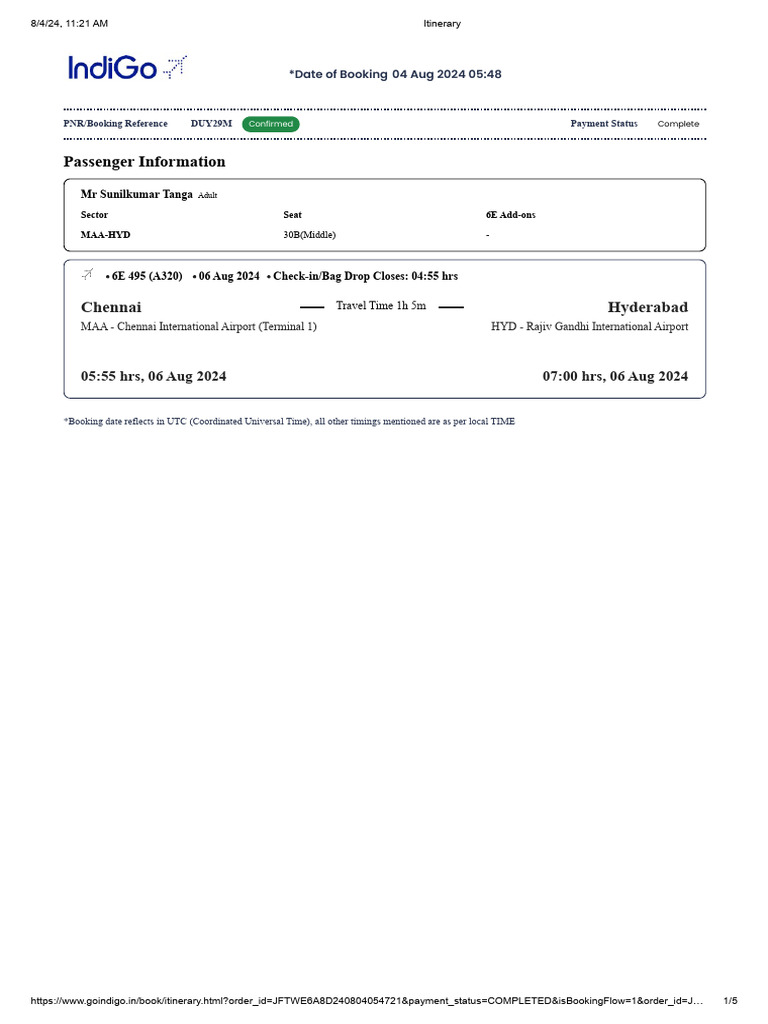 Itinerary Sunil To Hyd | PDF | Travel Visa | Airport