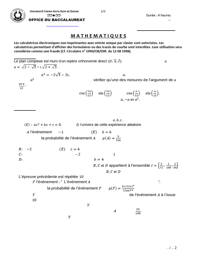2022 Bac | PDF | Nombre complexe | Probabilité