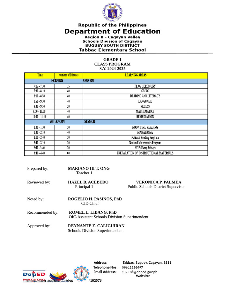 Grade 1 Class Program | PDF | Behavior Modification | Learning