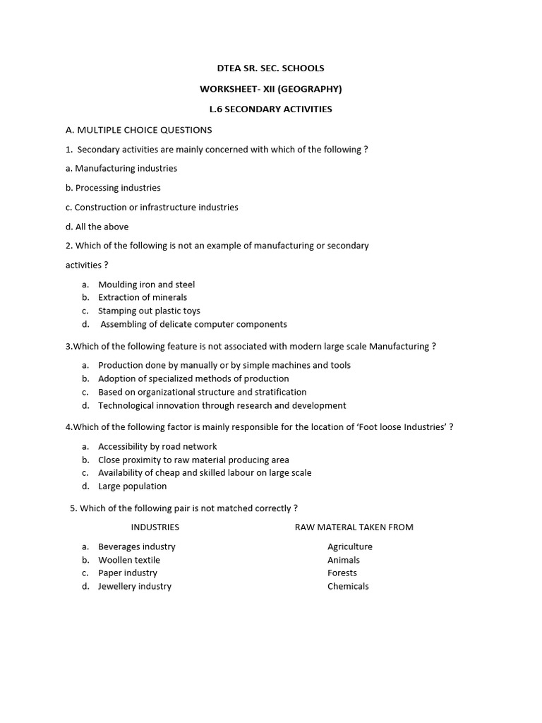 Worksheet - Secondary Act | PDF | Economies | Secondary Sector Of The ...