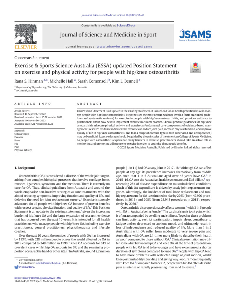 Exercise & Sports Science Aust Hip&Knee Osteoarthritis | PDF | Strength ...
