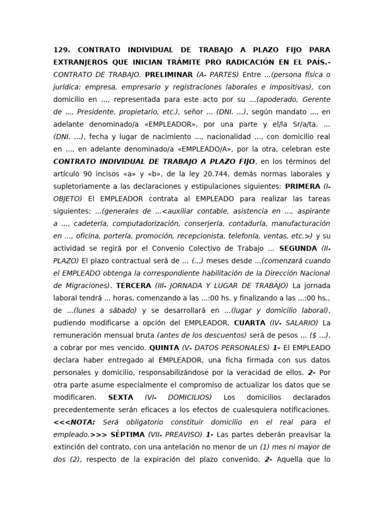 Contrato Individual de Trabajo A Plazo Fijo para Extranjeros Que ...