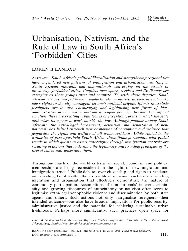 Urbanisation, Nativism, and The Rule of Law in South Africa's 'Forbidden' Cities | PDF | Refugee ...
