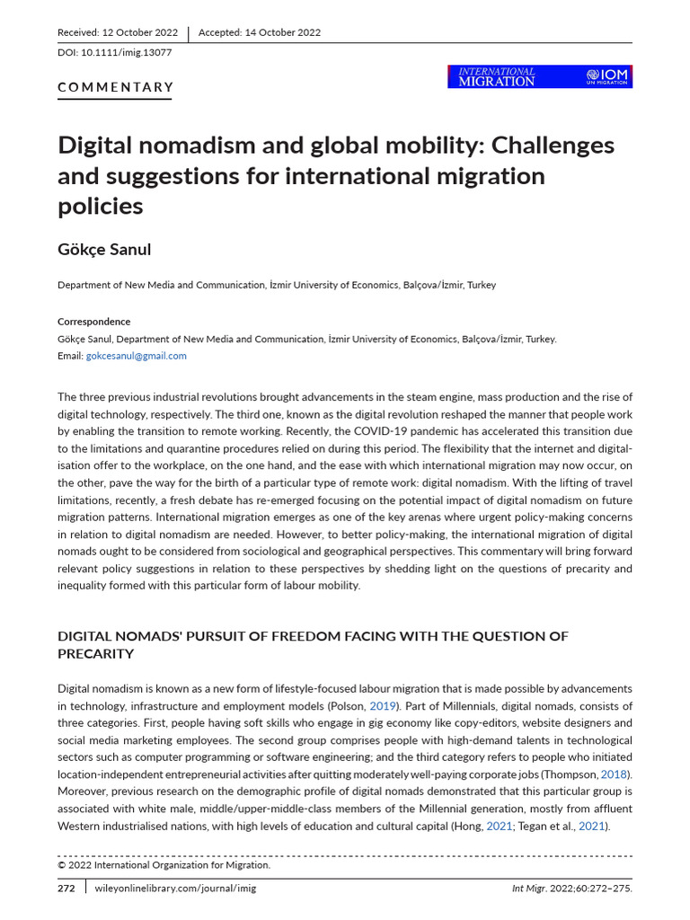 Digital nomadism and global mobility Challenges and suggestions for international migration ...