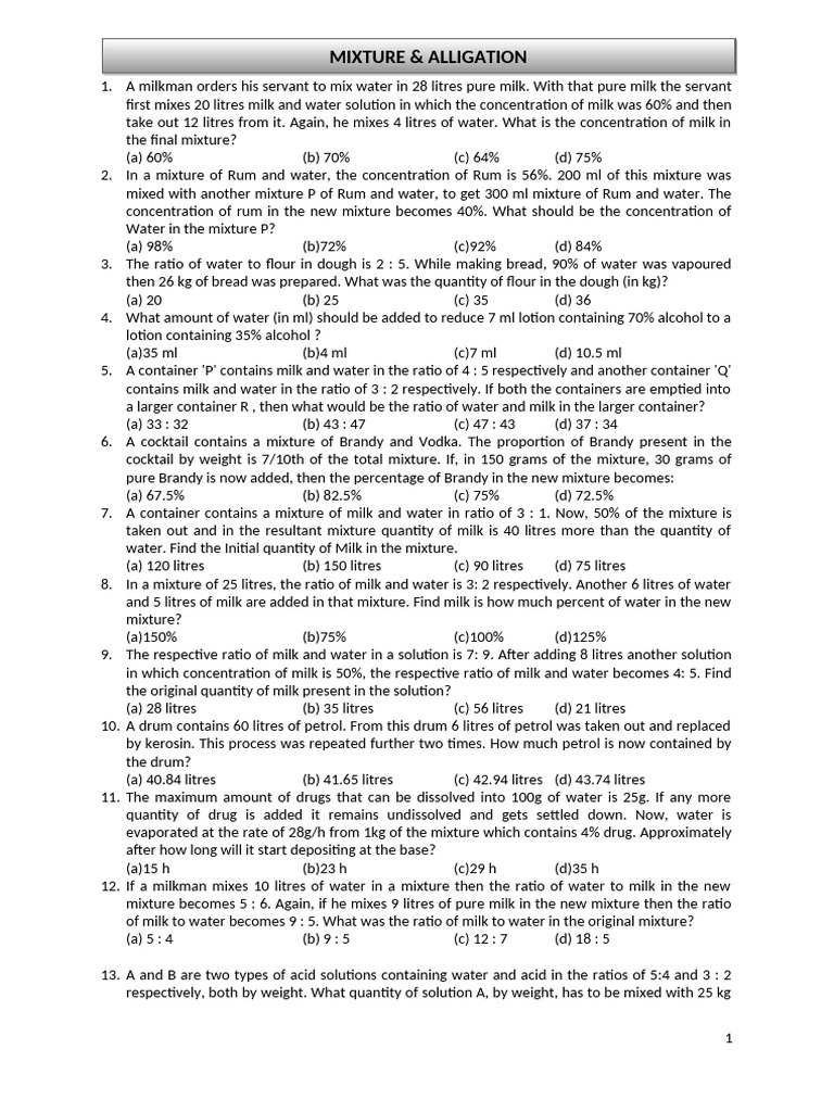 Mixture And Alligation Pdf Concentration Ratio