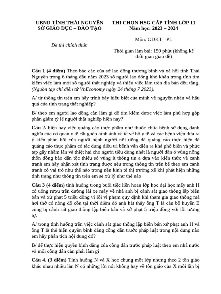 Đề thi hsg 11 TỈNH THÁI NGUYÊN | PDF