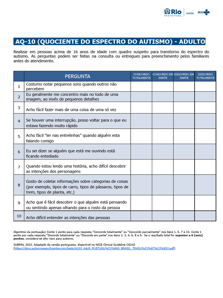 AQ-10 Adulto Acima de 16 Anos | PDF