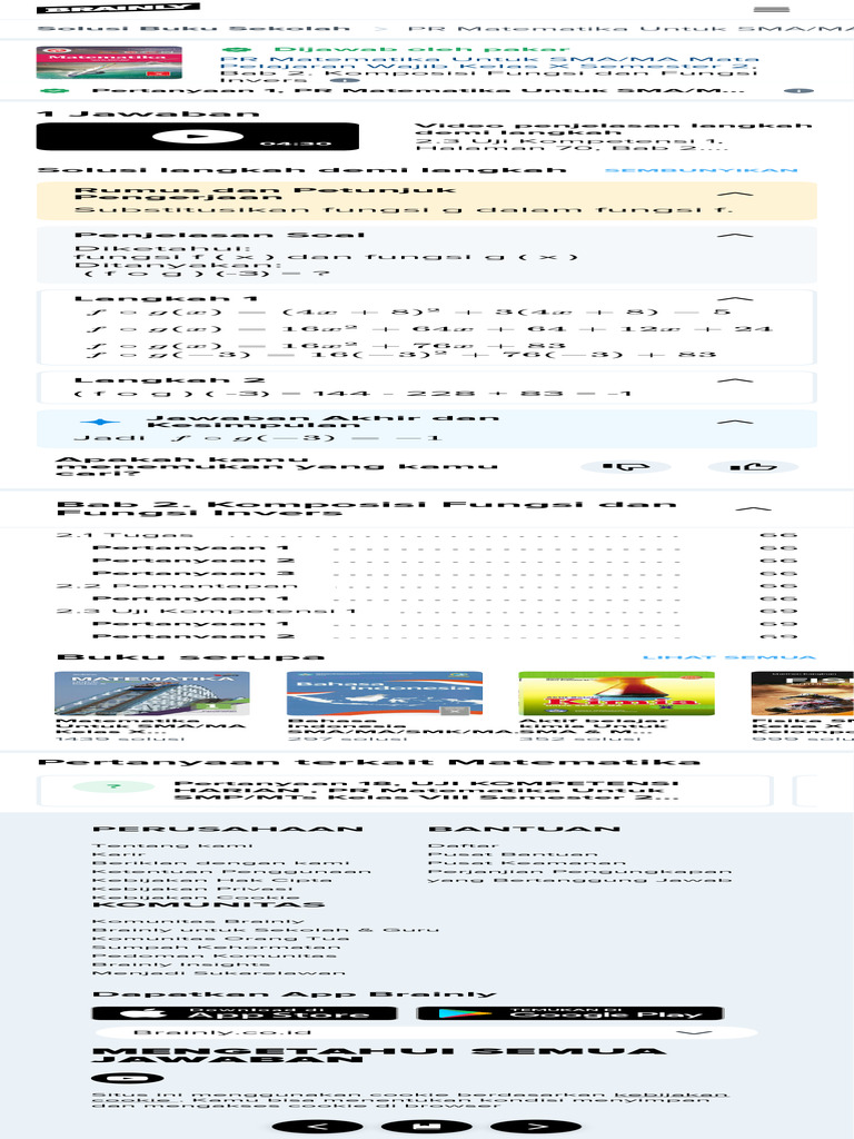 Pertanyaan 1, Bab 2. Komposisi Fungsi Dan Fungsi Invers, PR Matematika Untuk SMAMA Mata ...