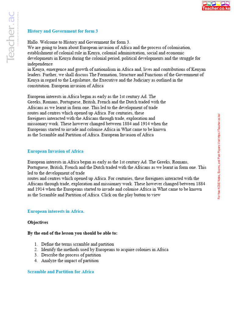 History Form 3 Notes Teacher Co Ke | PDF | British Empire | Kenya