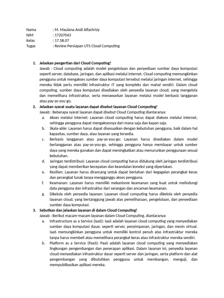 Review Persiapan Uts Cloud Computing 17207043 M Maulana Andi Alfachrizy 17.5b.07 | PDF