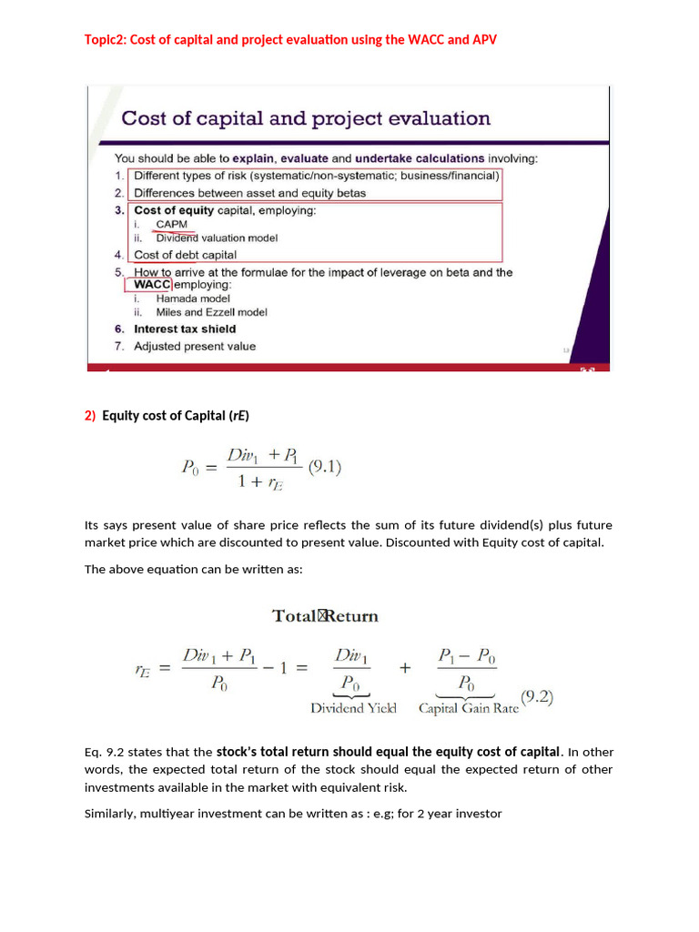 Topic2 Cost of Capital & Project Evaluation 1 | PDF | Cost Of Capital | Financial Risk