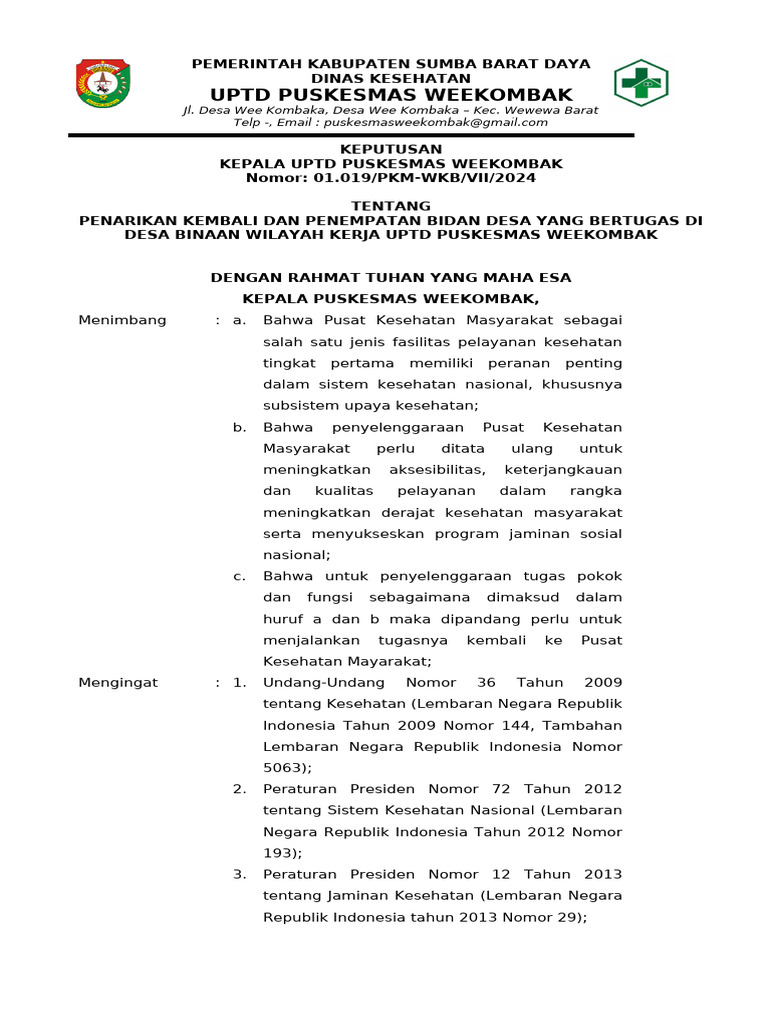 SK Penarikan Kembali Bidan Desa 2024 | PDF