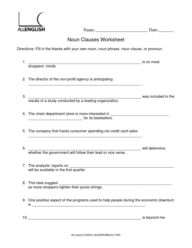 Noun Clause Worksheet | PDF