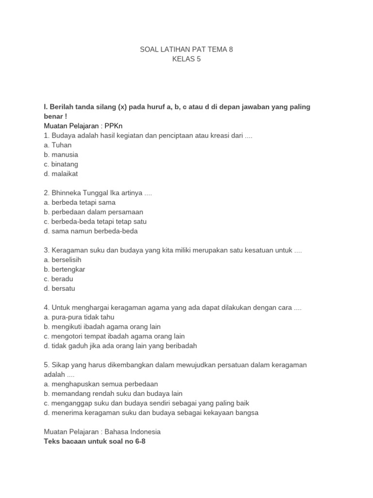 Soal Latihan Pat Tema 8 | PDF | Seni & Disiplin Bahasa
