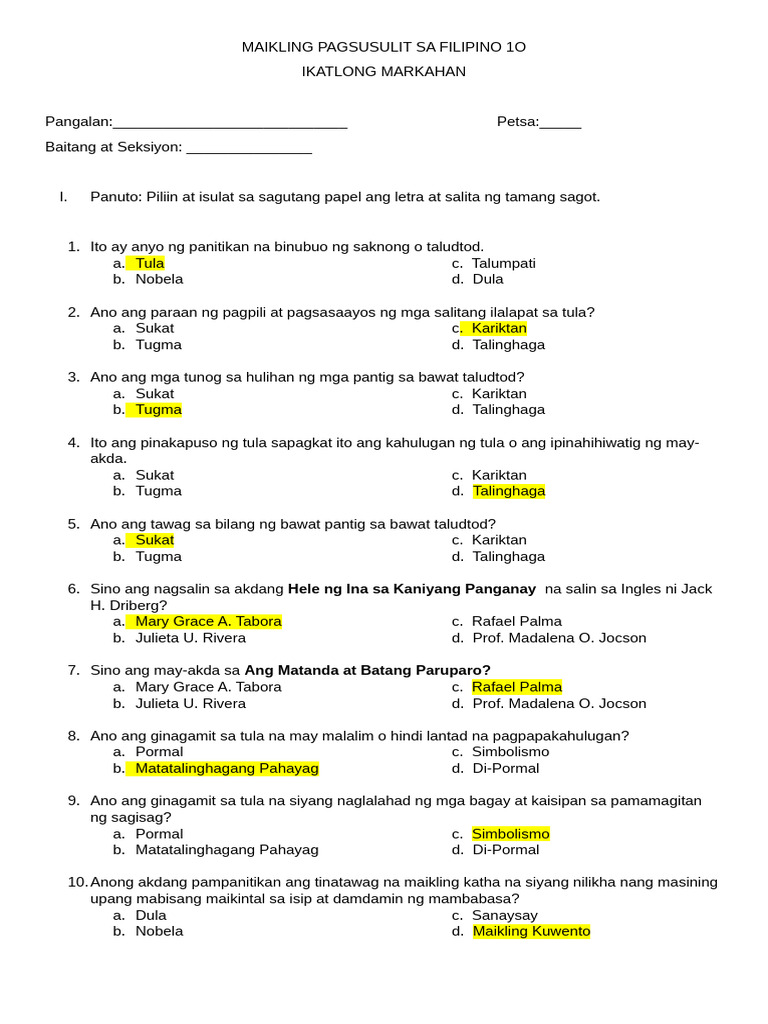 2 - Maikling Pagsusulit Sa Filipino 1o | PDF