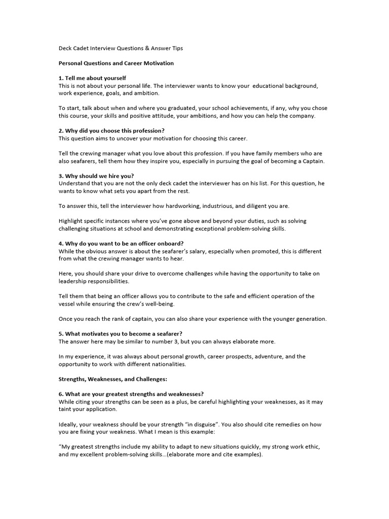 Deck Cadet Interview Questions | PDF