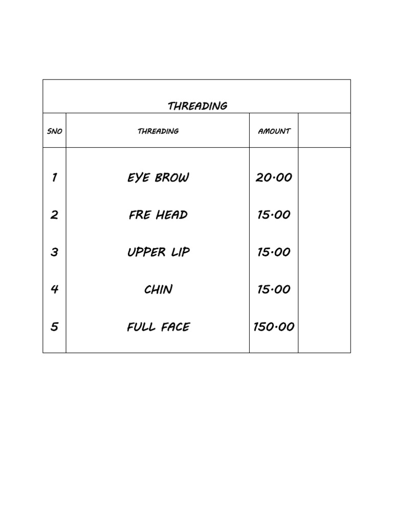Threading and Beauty Service Prices | PDF