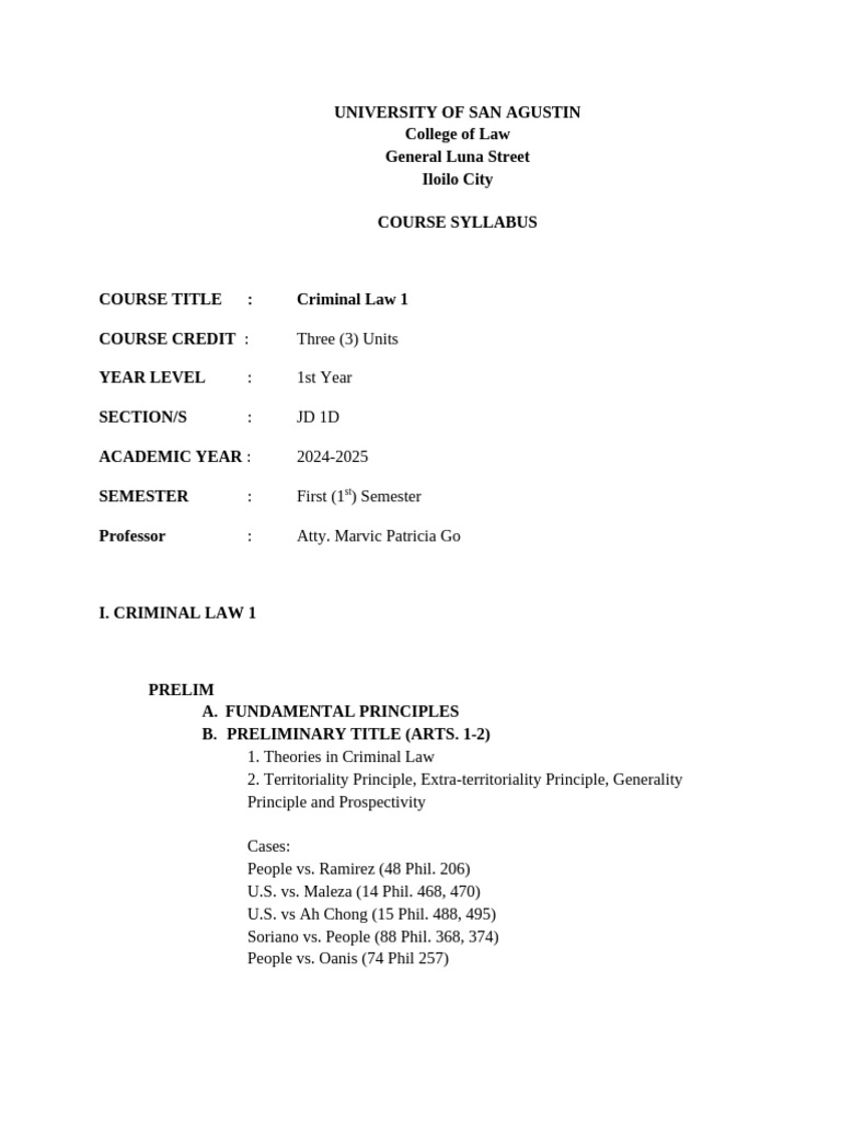 Crim 1 Syllabus | PDF | Aiding And Abetting | Crimes