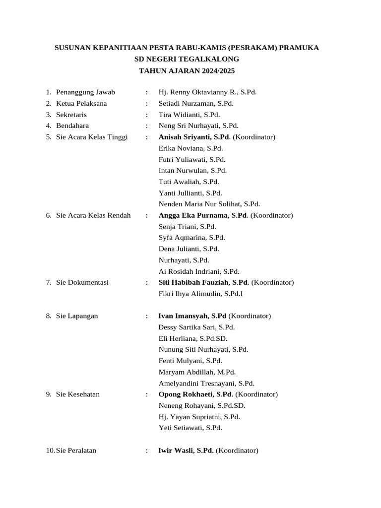 Susunan Kepanitiaan Pesta Rabu-Kamis (Pesrakam) Pramuka 2024 | PDF