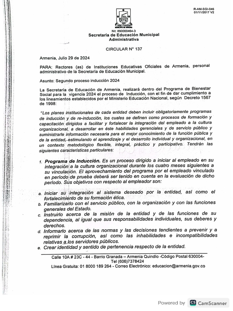 CIRCULAR 137 Del 29072024 - Proceso de Inducción Administrativos 2024 | PDF