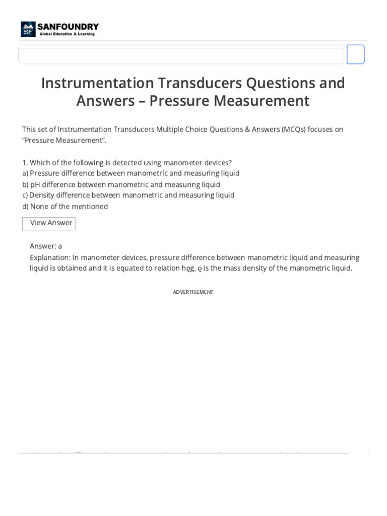 Pressure Measurement - Instrumentation Transducers Questions and ...