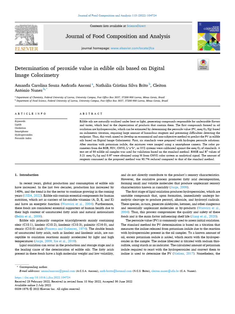 Determination of peroxide value in edible oils based on Digital Image Colorimetry | PDF ...