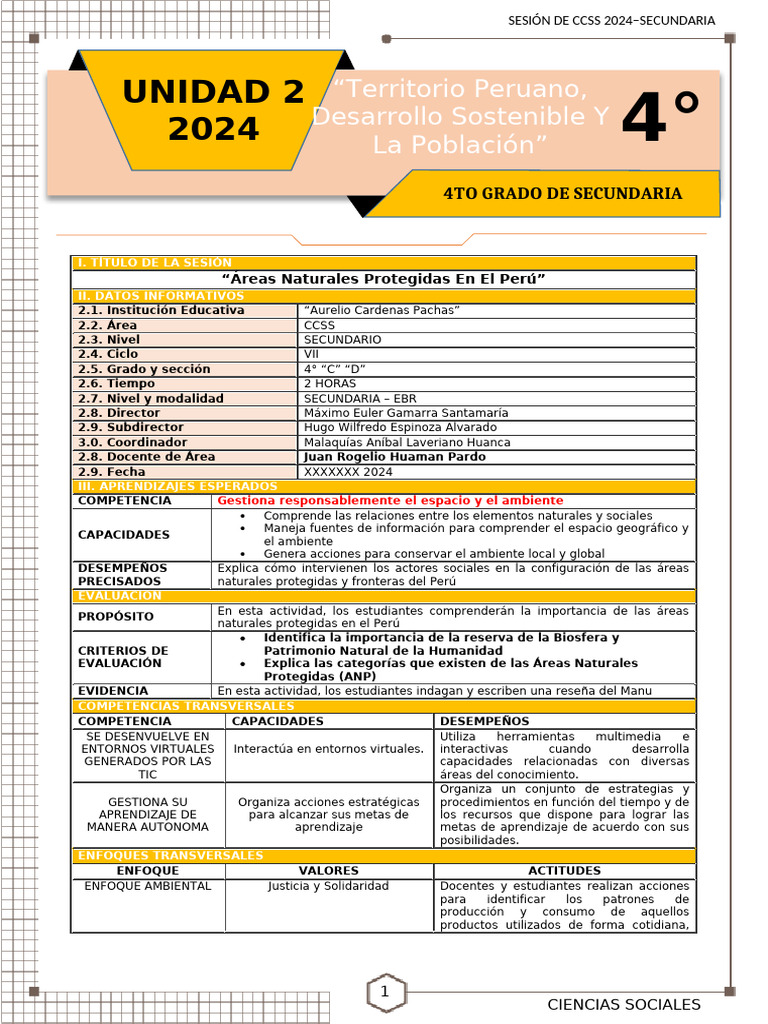 4º Sesiones Sem 1 Uni 2 - CCSS 2024 | PDF | Enseñando | Aprendizaje