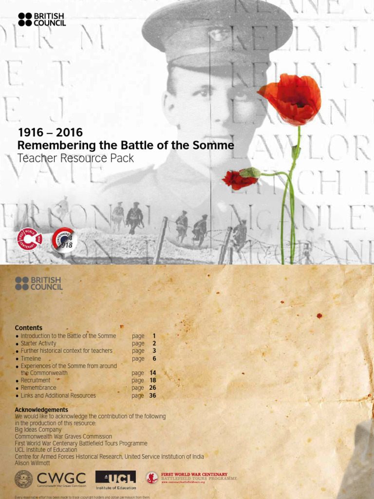 1916 - 2016 Remembering The Battle of The Somme Teacher Resource Pack ...