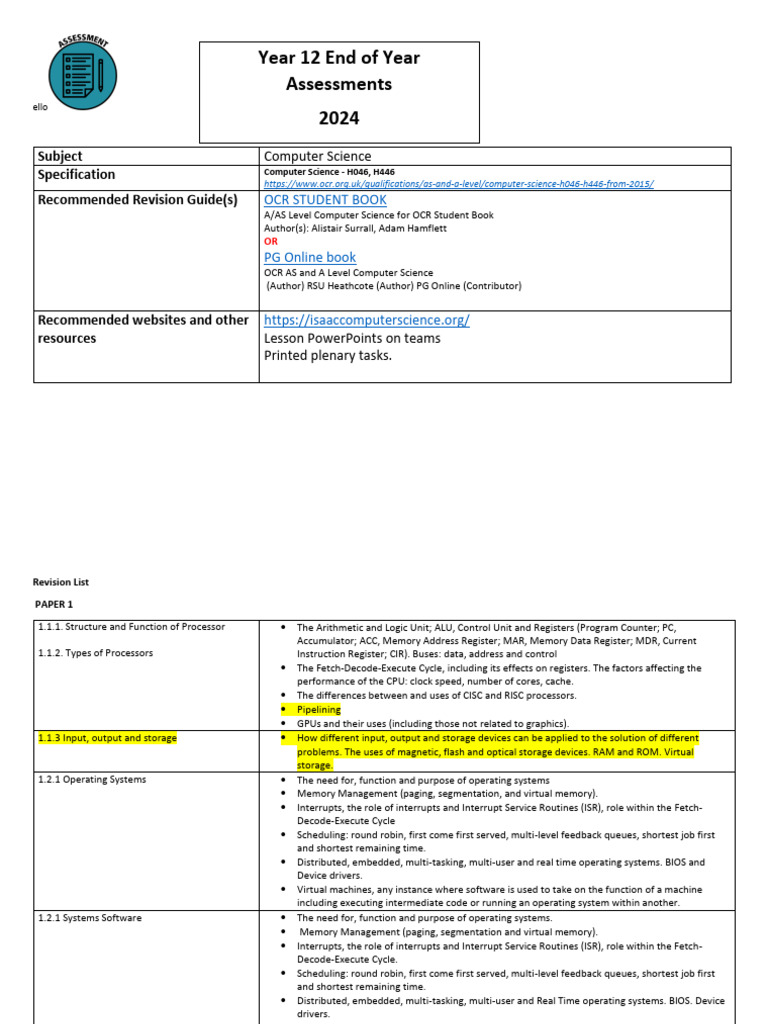 Y12 End Of Year Computer Science Revision List Pdf Computer Data