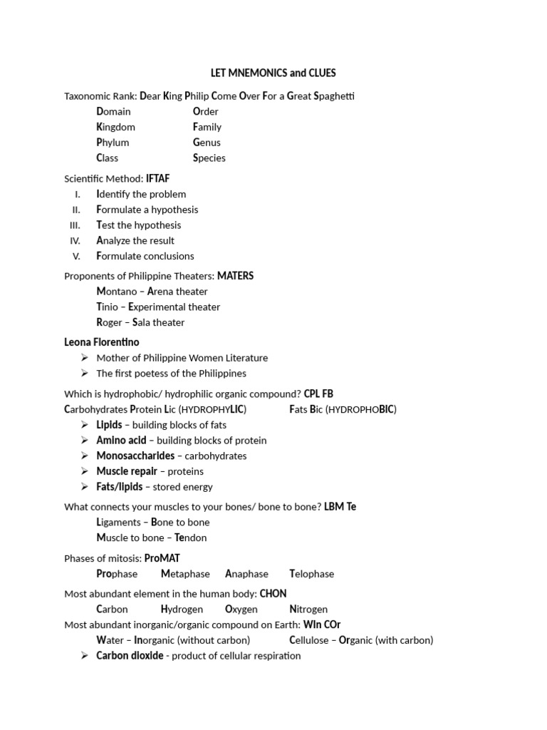 LET MNEMONICS and CLUES | PDF | Photosynthesis | Plants