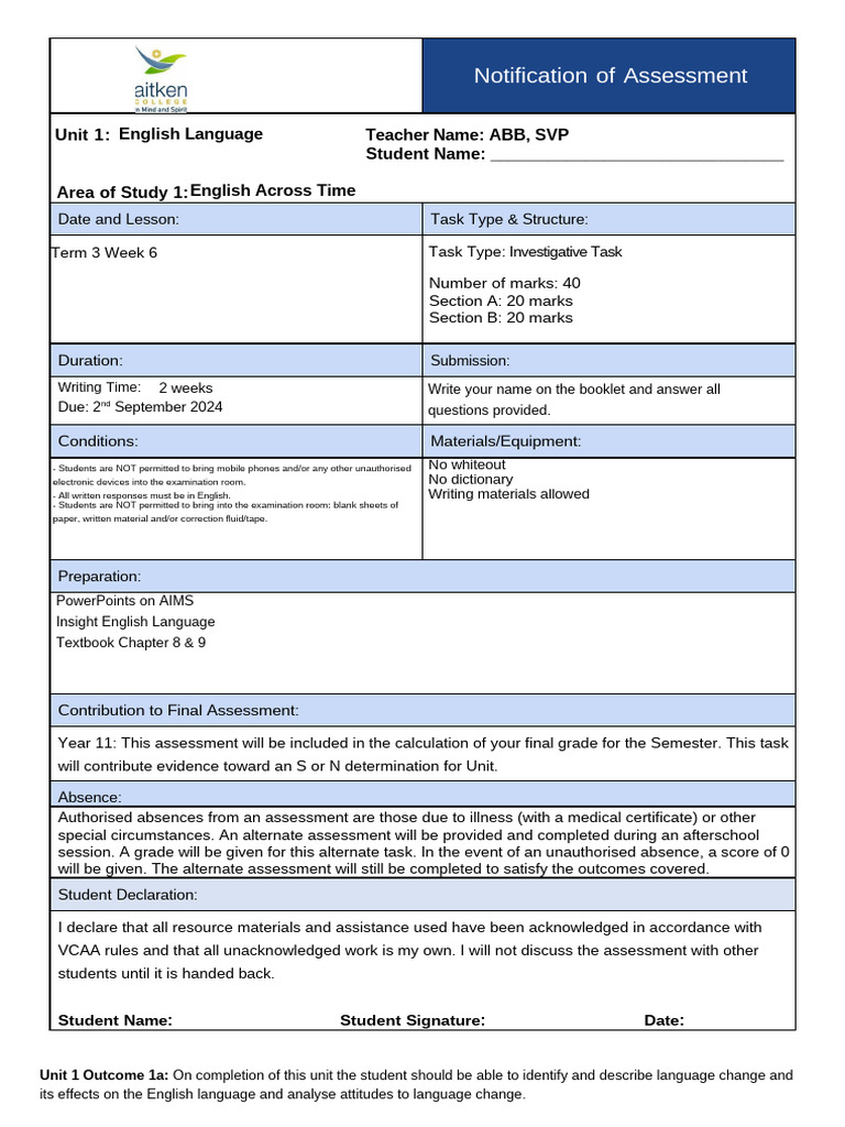 English Language Notification of Assessment Unit 2 Outcome 1a | PDF ...