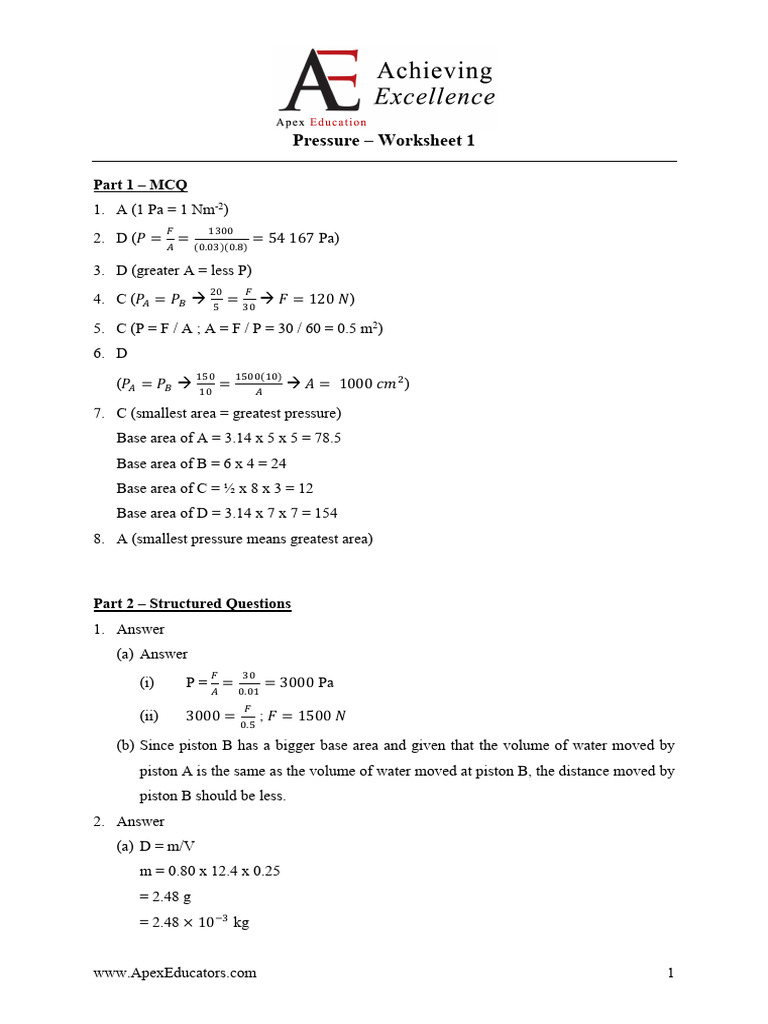 Topic 6 Pressure Answer | PDF | Pressure | Area