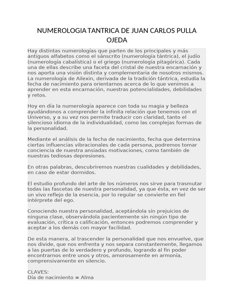 NUMEROLOGIA TANTRICA DE JUAN CARLOS PULLA OJEDA (1) | PDF | Karma | Alma