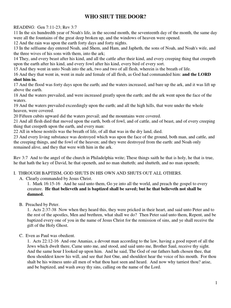 WHO SHUT the DOOR Sermon and Outline by Charles a. Yawn | Noah | Noah's Ark