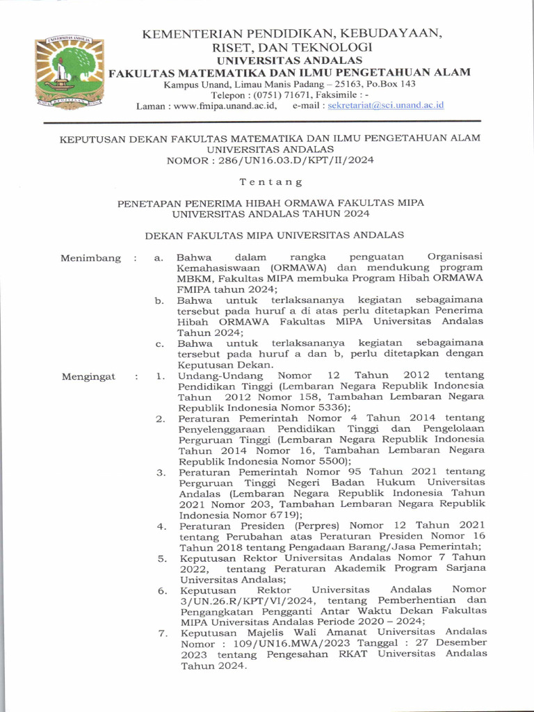 Sk Penetapan Penerima Hibah Ormawa | PDF