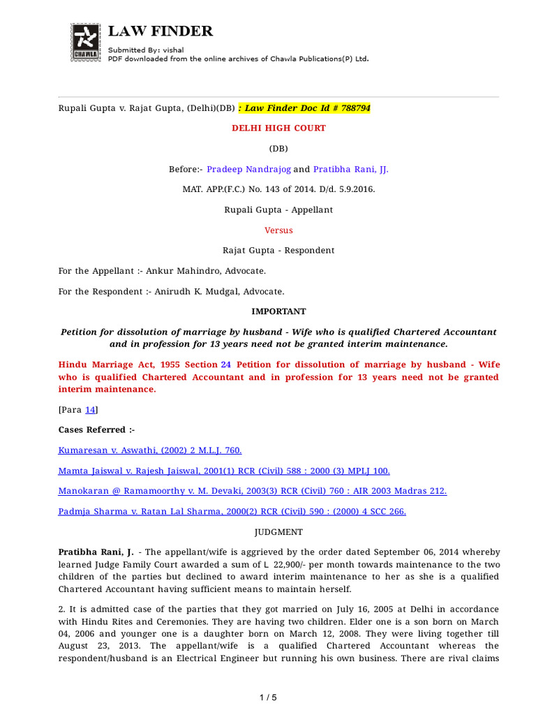 Rupali Gupta v. Rajat Gupta, (Delhi) (DB) | PDF | Marriage | Alimony