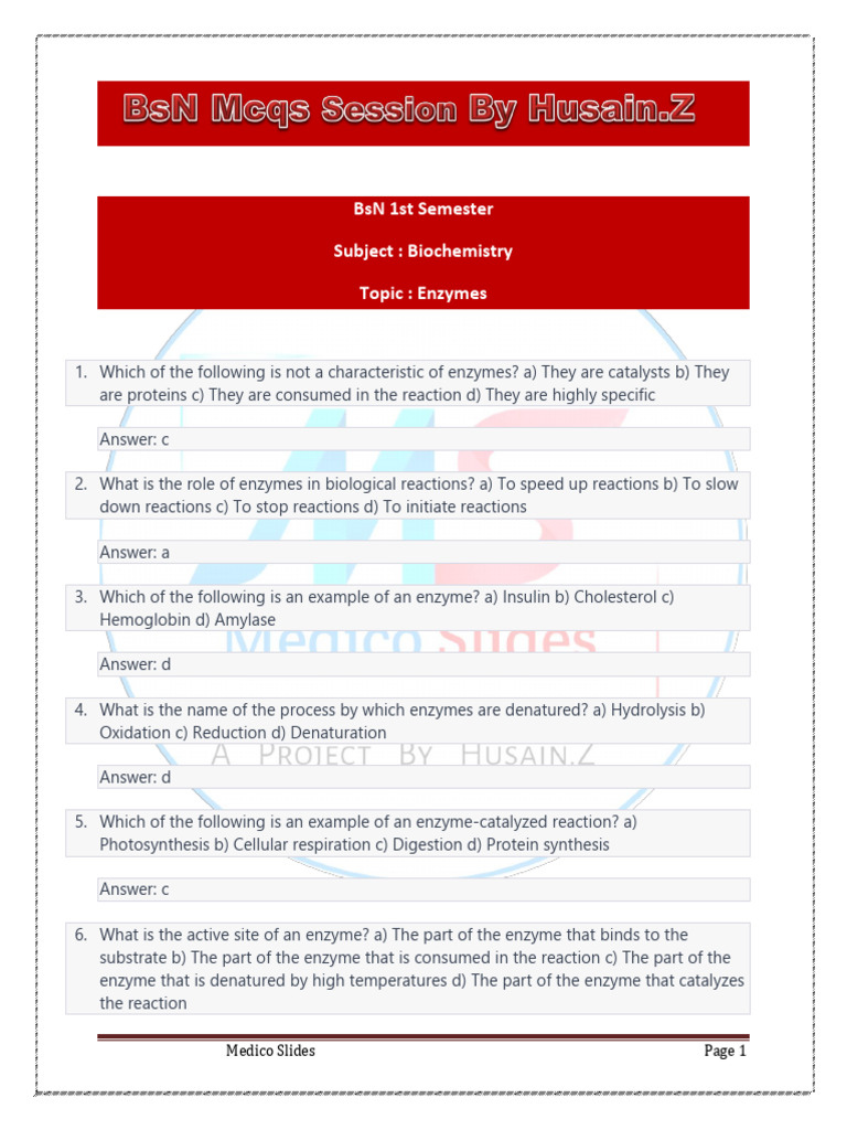Enzymes Mcqs by Medico Slides | PDF | Enzyme | Chemical Reactions