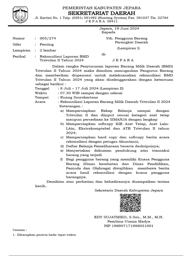 Undangan Rekonsiliasi BMD 2024 | PDF